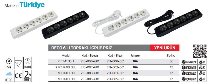 Deco 6'lı Topraklı 2 Metre Kablolu Grup Priz 210-002-601